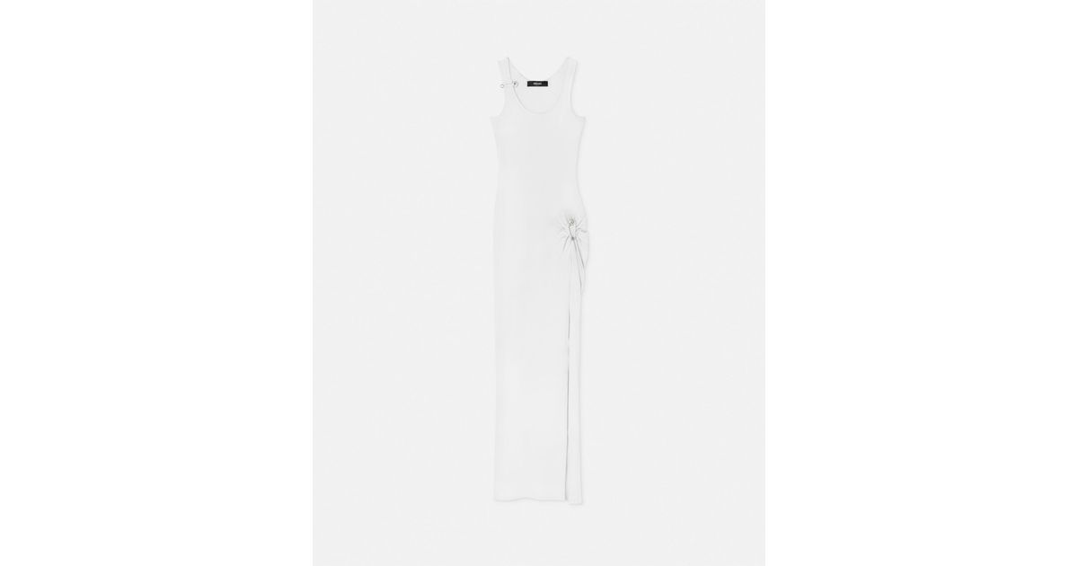 Versace Safety Pin Ribbed Knit Draped Gown in White | Lyst