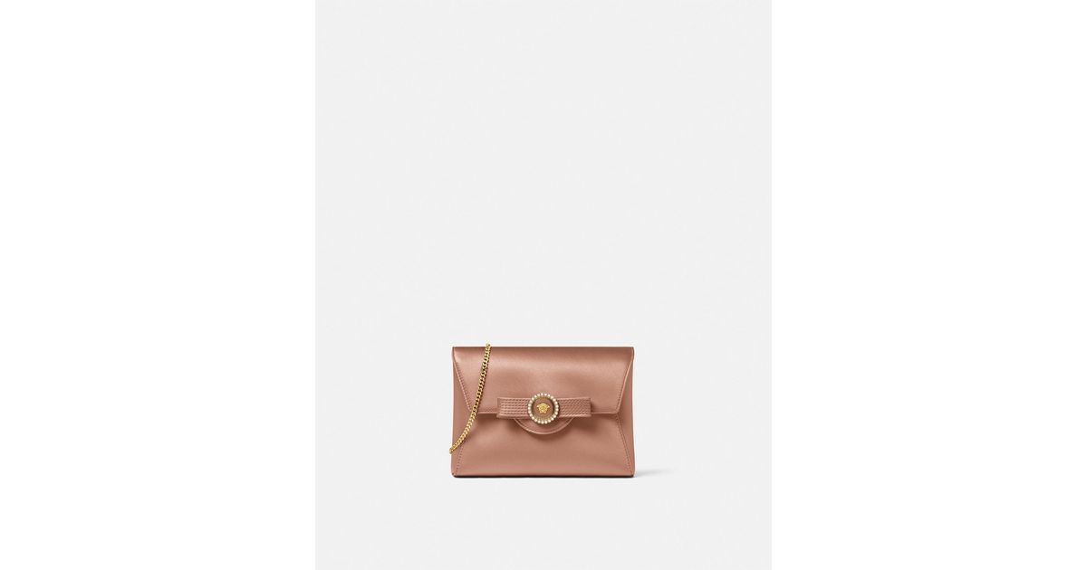 Versace Crystal Gianni Ribbon Satin Clutch in White | Lyst