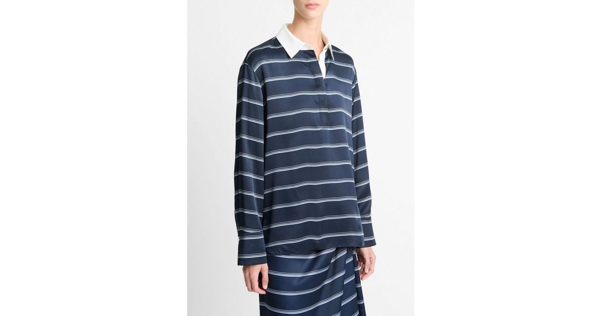 Vince Rugby Stripe Silk Satin Shirt in Blue | Lyst