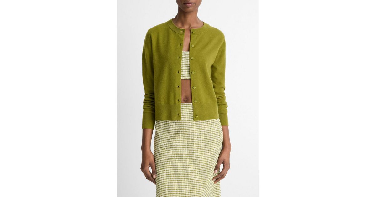 Vince Wool & Cashmere-Blend Tipped Half-Moon Cardigan in Green | Lyst