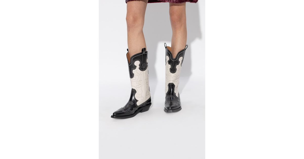 Ganni Leather Cowboy Boots in Black | Lyst