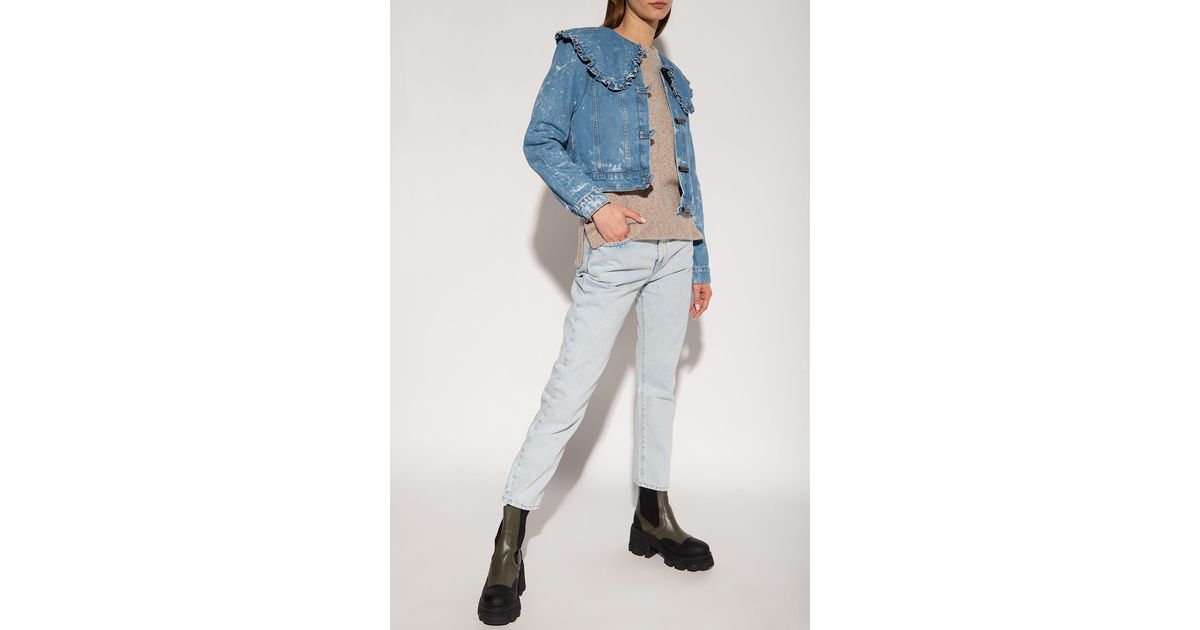 Ganni Denim Jacket With Ruffle Collar in Blue | Lyst
