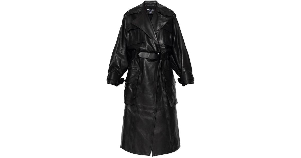 Balmain Leather Coat With Belt, in Black | Lyst UK