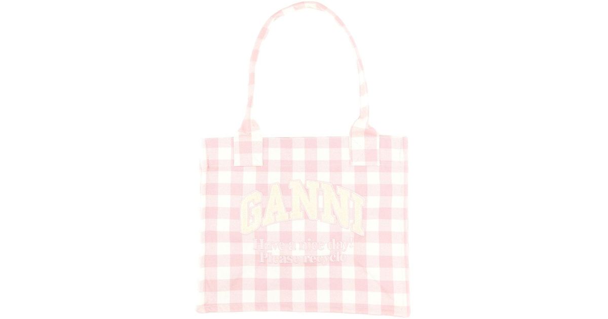 Ganni "Vicky Check" Tote Bag Large in Pink | Lyst UK