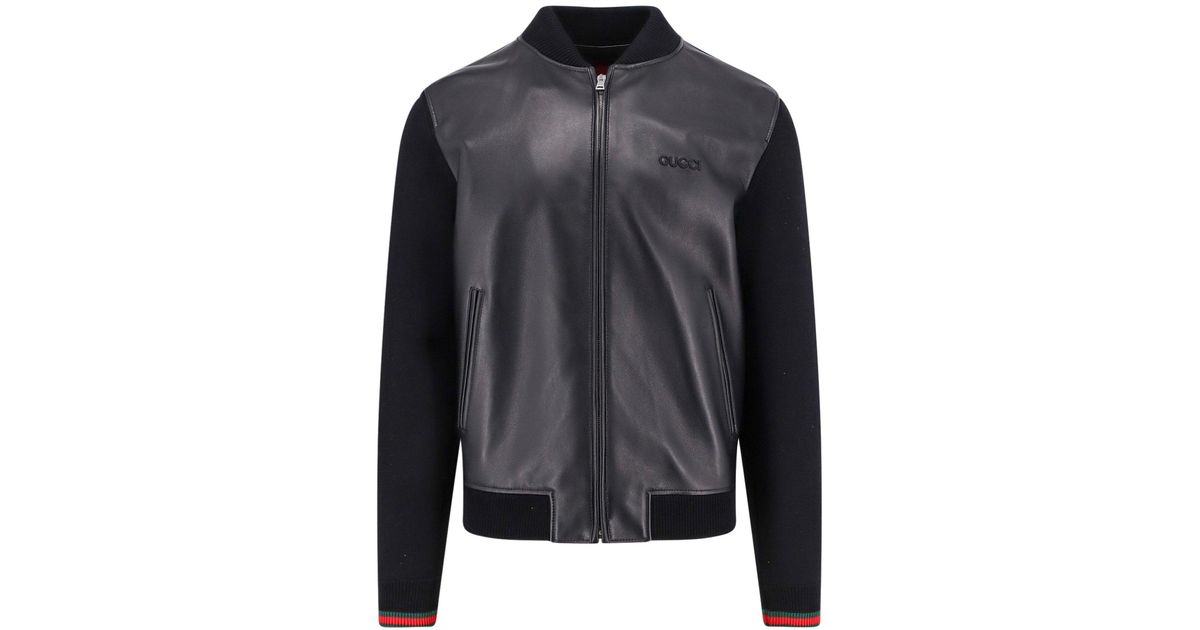 Gucci Leather Jacket With Wool And Cotton Blend Inserts in Gray for Men ...