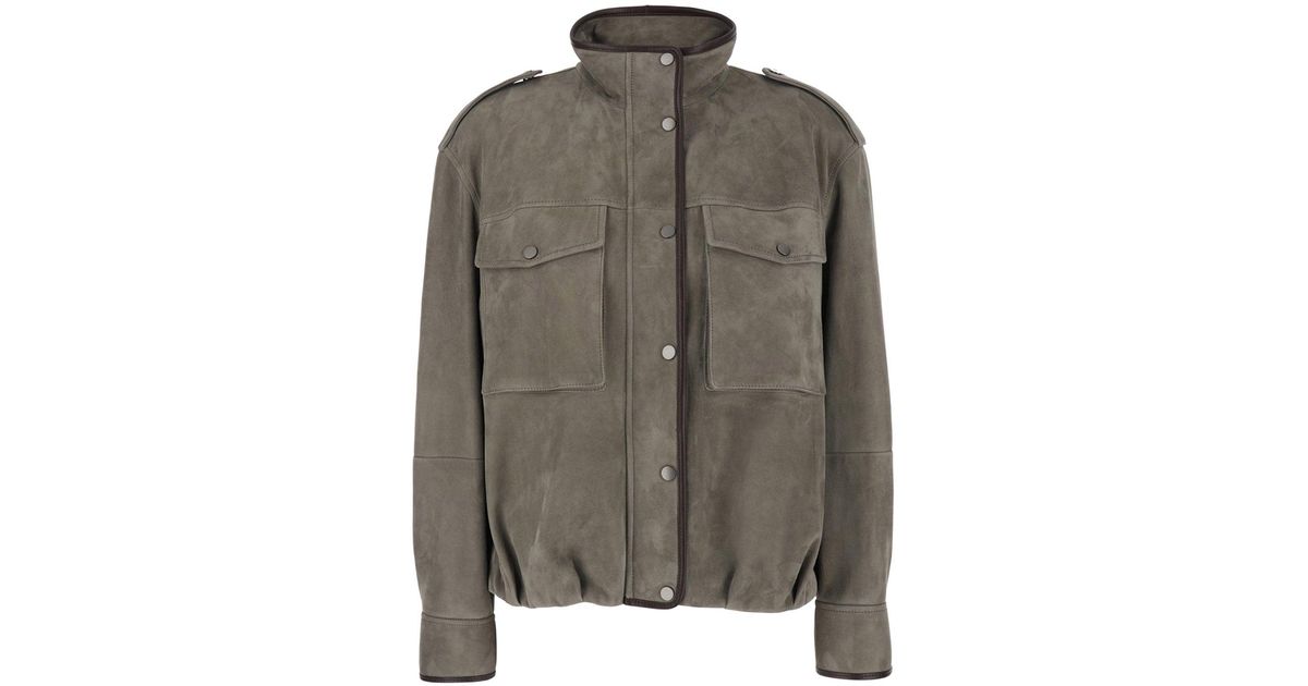 Brunello Cucinelli Suede Jacket With Leather Profiles in Gray | Lyst