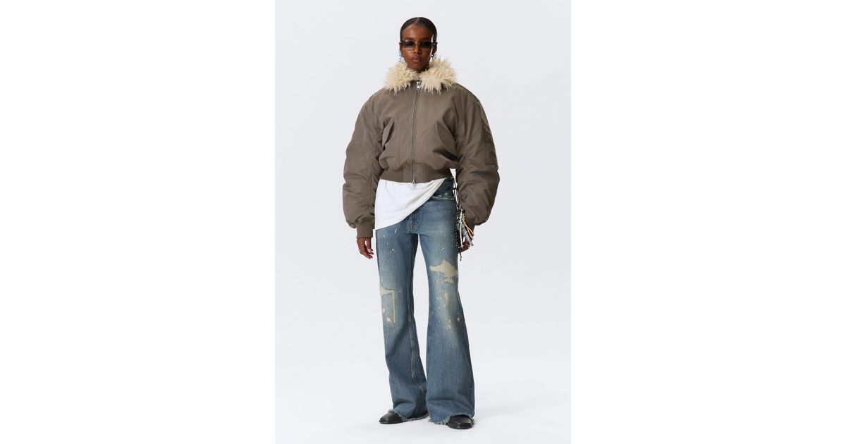 Weekday Faux Fur Collar Bomber Jacket in Blue | Lyst UK
