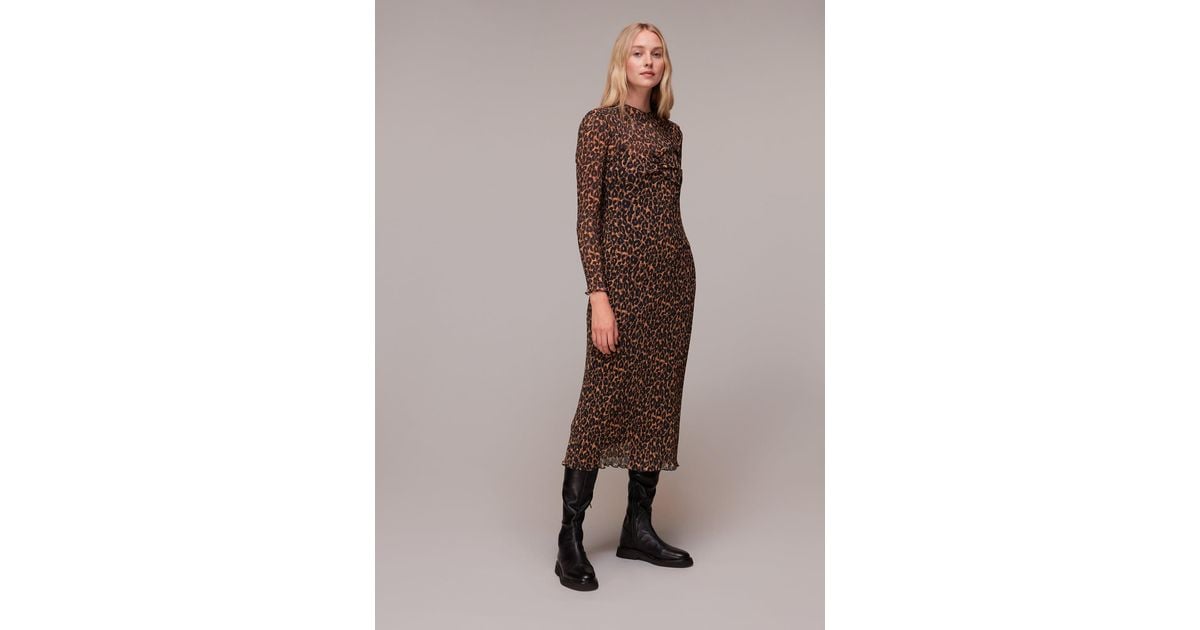 Whistles Leopard Plisse Midi Dress in Brown | Lyst UK
