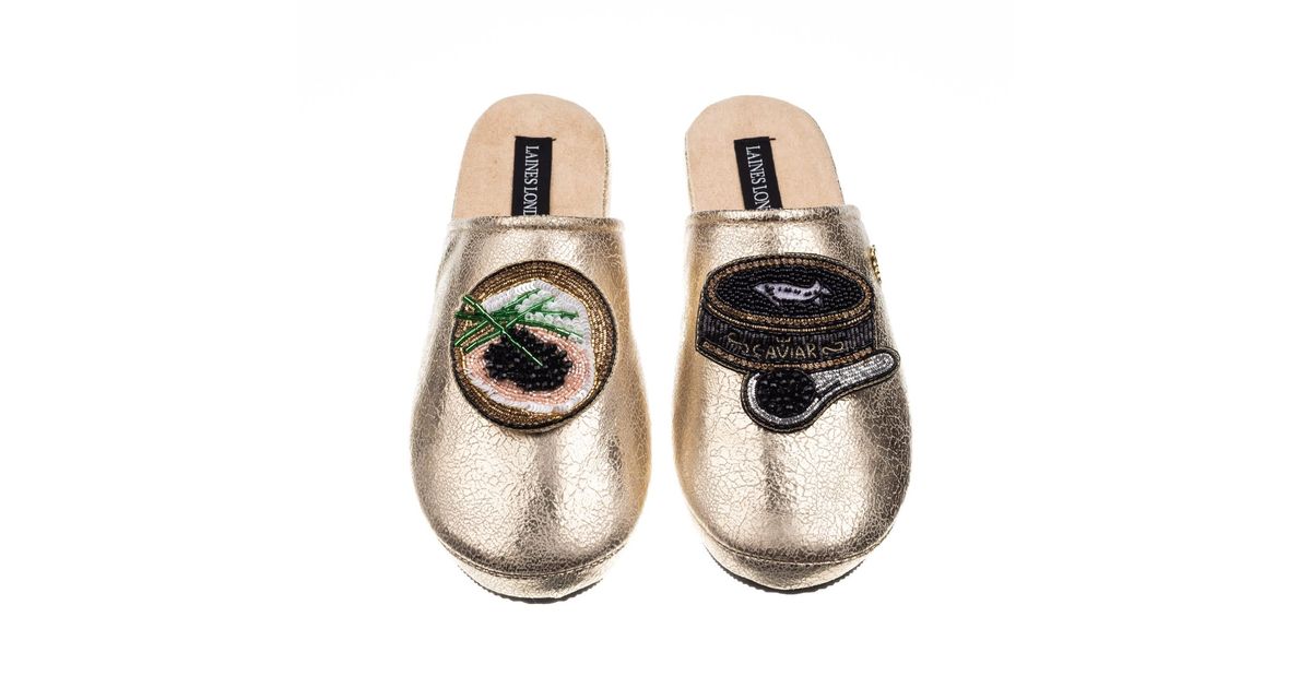 Laines London Softie Slippers With Caviar & Blini Brooches in Black | Lyst