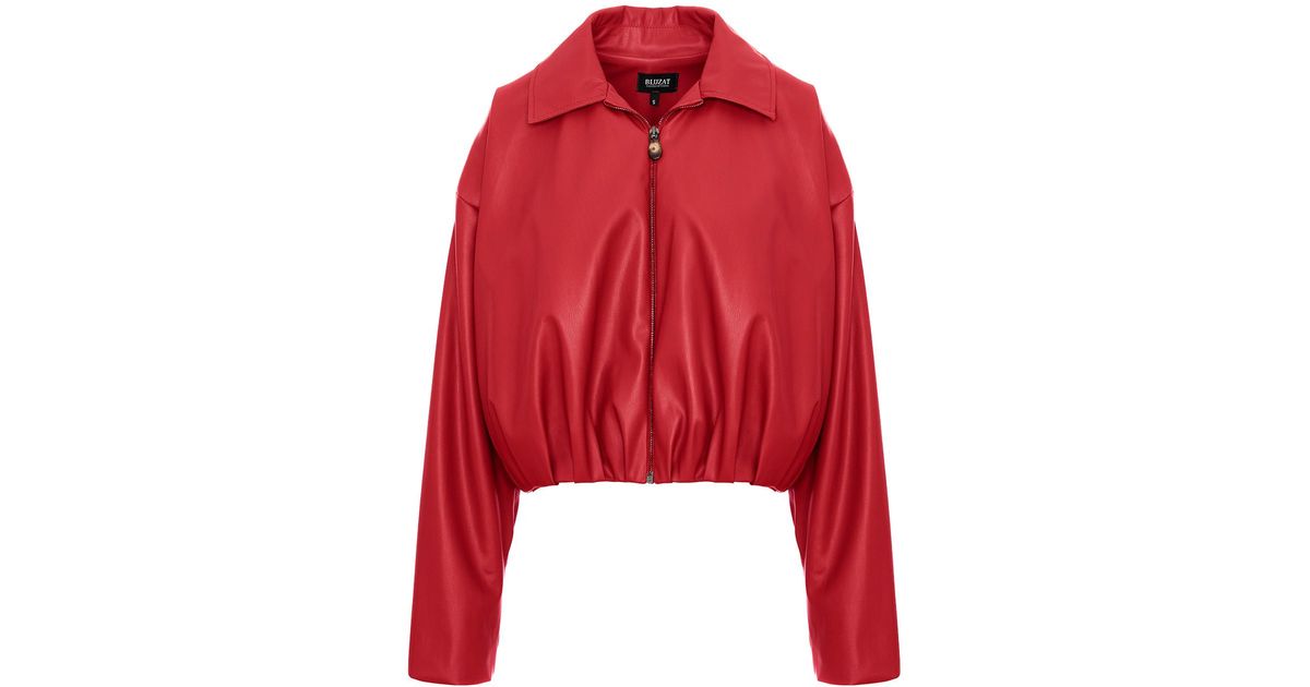 BLUZAT Burgundy Oversized Cropped Jacket With Draping in Red | Lyst