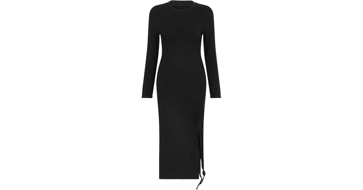 Sour Figs Gathered Bra Midi Dress With Split in Black | Lyst
