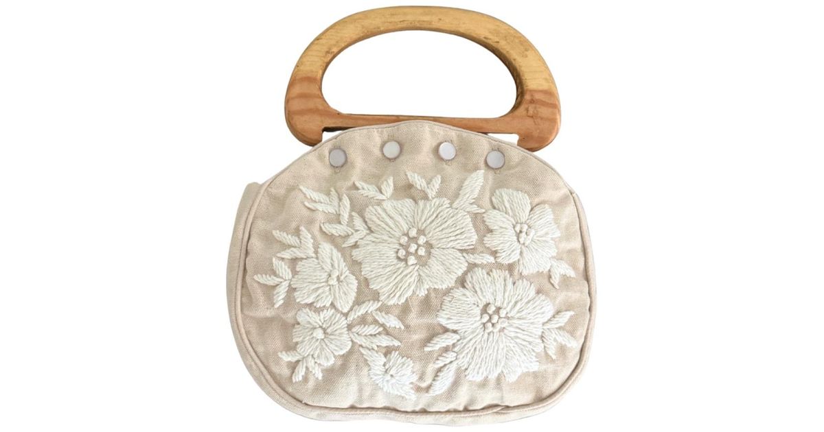 Pick Happy Bermuda Bag Canvas Floral Embroidery Wooden Handles in ...