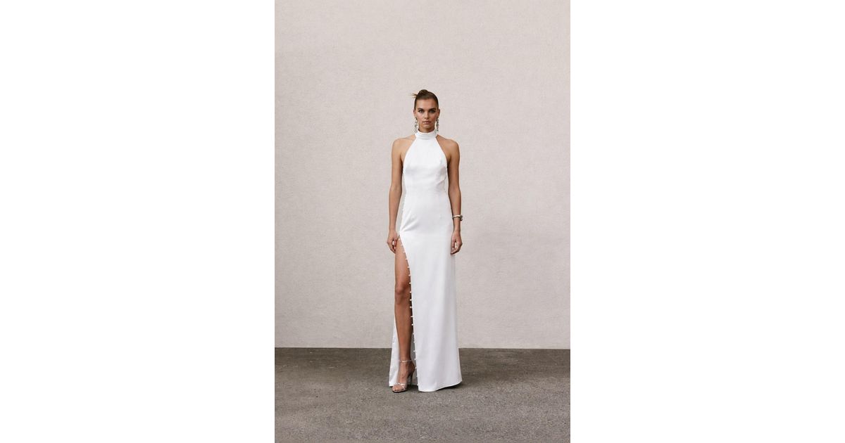 NAZLI CEREN Mallory Long Satin Dress in Natural | Lyst