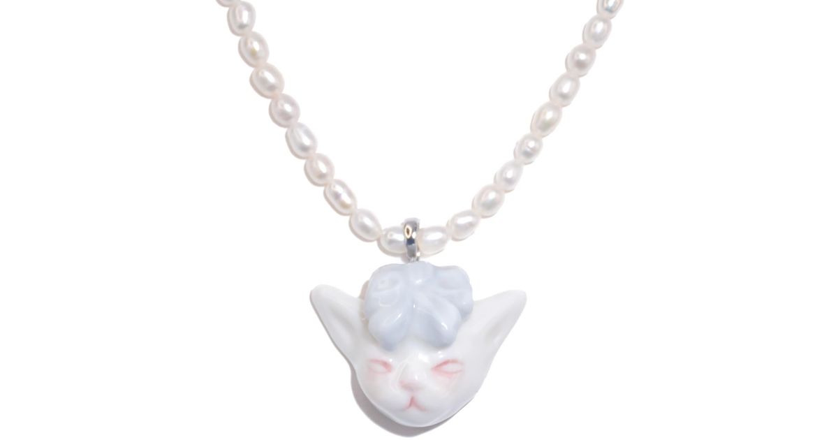 H2 Studio Angry Puss Light Misty Bow Tie Freshwater Pearl Necklace in ...