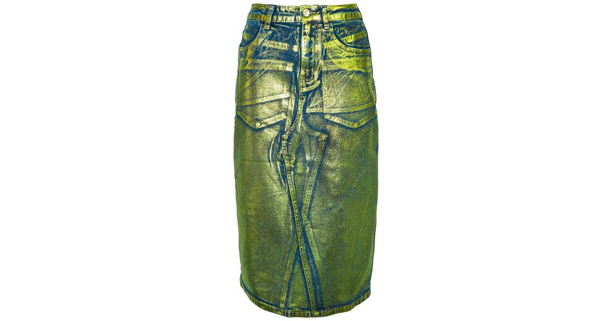 Amy Lynn Clara Denim Foil Coated Midi Skirt in Green | Lyst