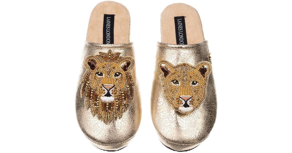 Laines London Softie Slippers With Lion & Lioness Brooches in Metallic ...