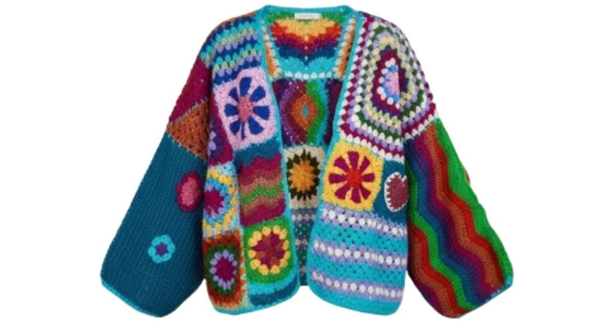 Saachi Vibrant Multi Pattern Crochet Cardigan in Blue | Lyst UK