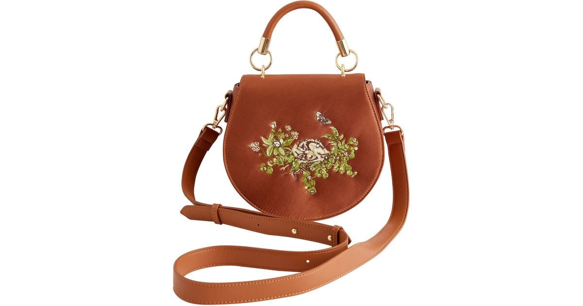 Fable England Neutrals Sleepy Fawn Embroidered Satin Saddle Bag in ...