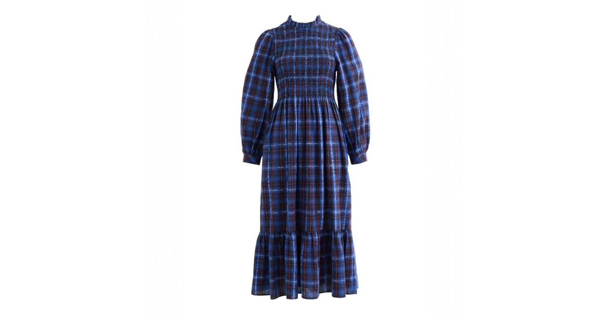 Louche Peppi Winter Check Smocked Bodice Midi Dress in Blue | Lyst UK