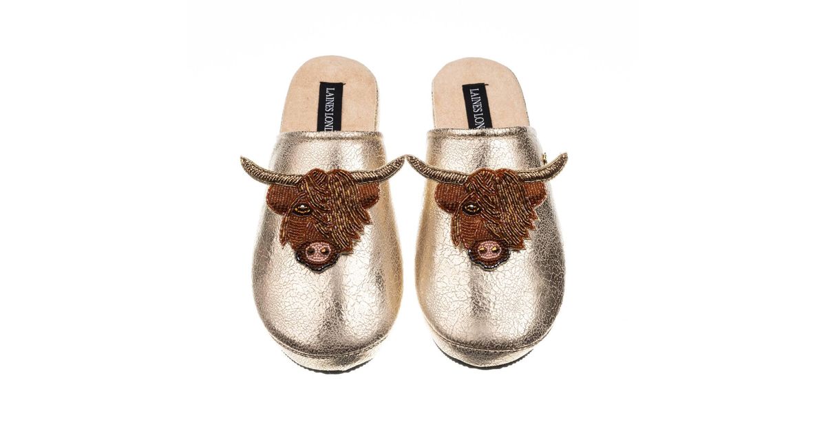 Laines London Softie Slippers With Double Highland Cow Brooches in ...