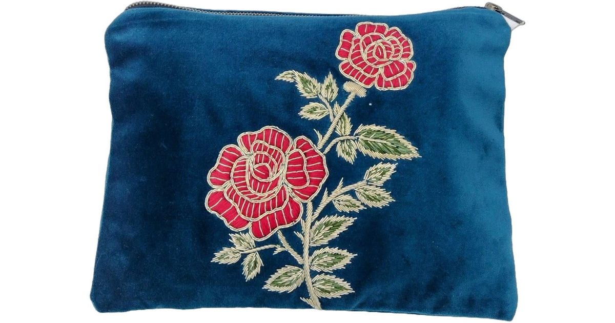 Ty Hedge Hand-Embroidered Rose Velvet Pouch in Blue | Lyst