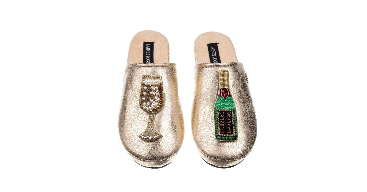 Laines London Softie Slippers With Bubbles Darling Brooches in Metallic ...