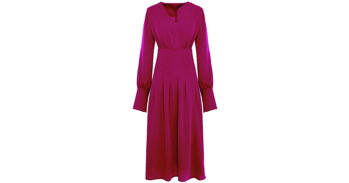BLUZAT Fuchsia Midi Dress With Pleats And Asymmetrical Cut Neck in Red ...