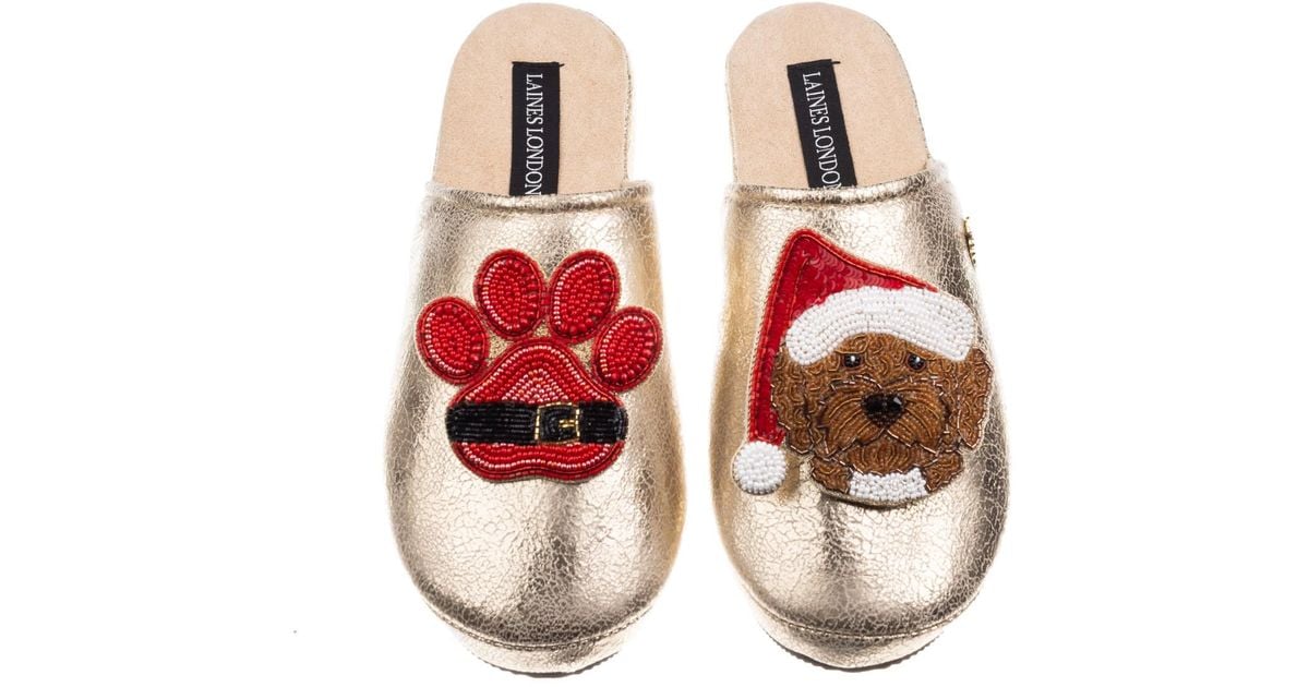 Laines London Softie Slippers With Christmas Cockapoo & Paw Brooches in ...