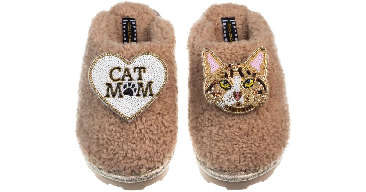 Laines London Neutrals Teddy Closed Toe Slippers With Tabby Cat & Cat ...