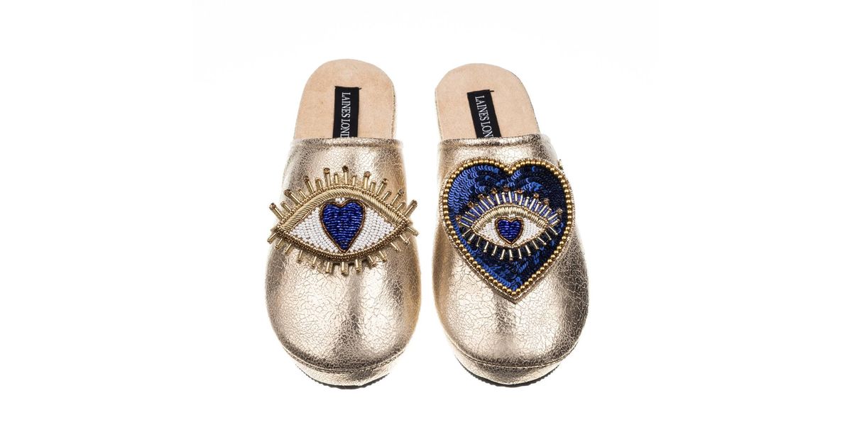Laines London Softie Slippers With Heart & Love Eye Brooches in Blue ...