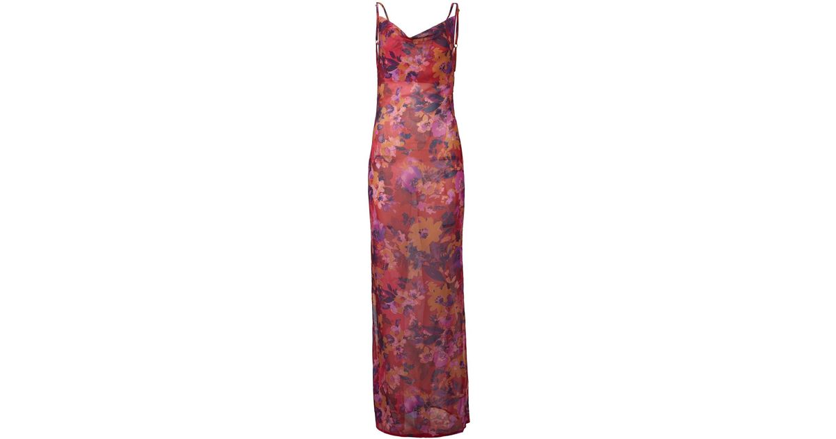 Scorpio Rizing Floral Print Amantis Semi Sheer Maxi Dress in Red | Lyst