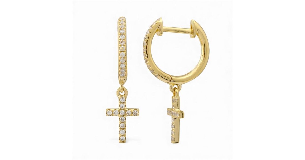 Neshi Designs Cross Drop Diamond Earrings in Metallic | Lyst UK