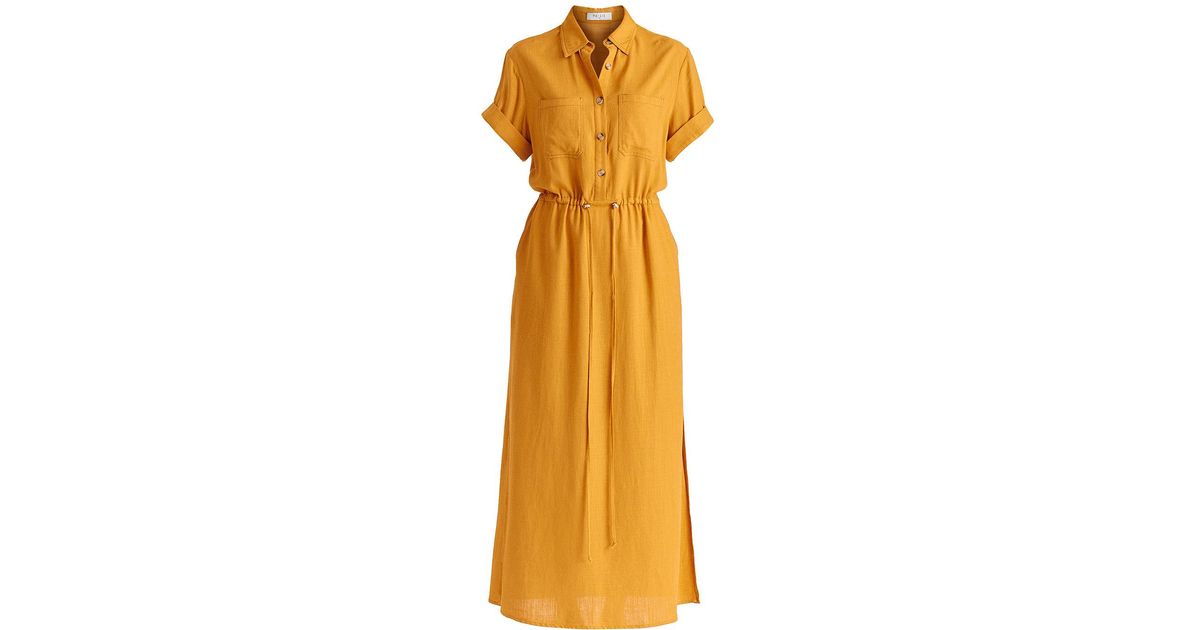 Paisie Linen Blend Shirt Dress With Stitch Details in Yellow | Lyst