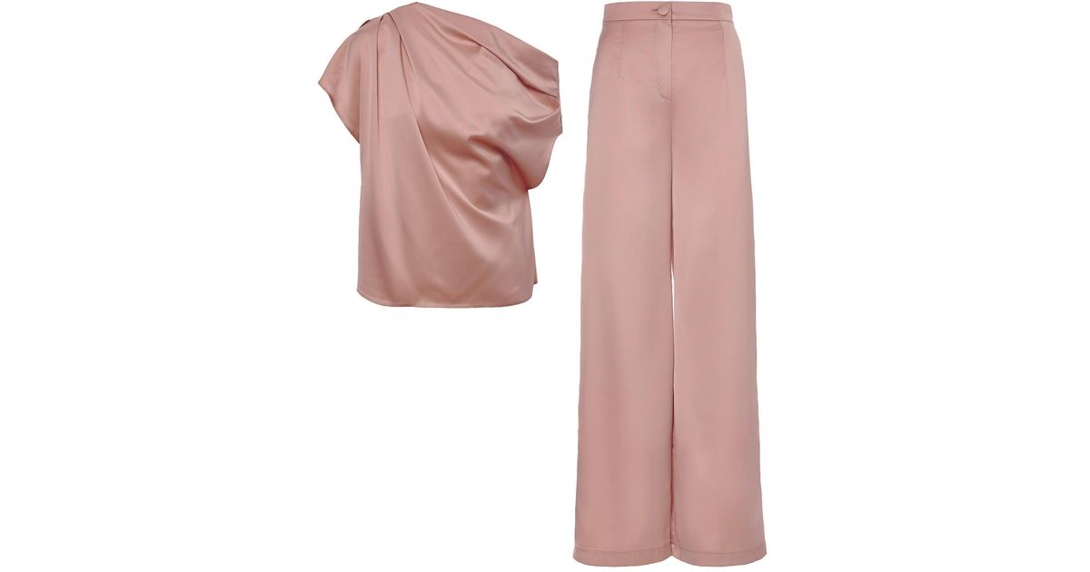 BLUZAT Neutrals Bronze Set With Asymmetrical Draped Top And Wide Leg ...