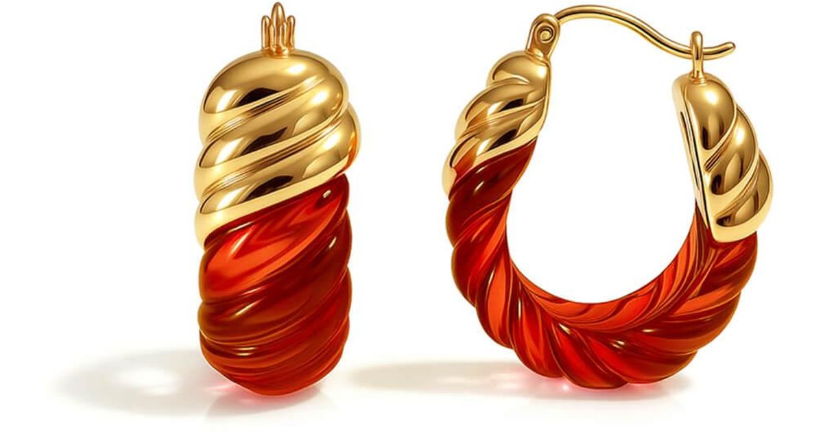 Gold & Honey Ruby Rope Shrimp Lucite Birthstone Hoop Earrings in Red ...