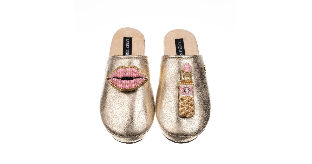 Laines London Softie Slippers With Lipstick & Lips Brooches in Metallic ...