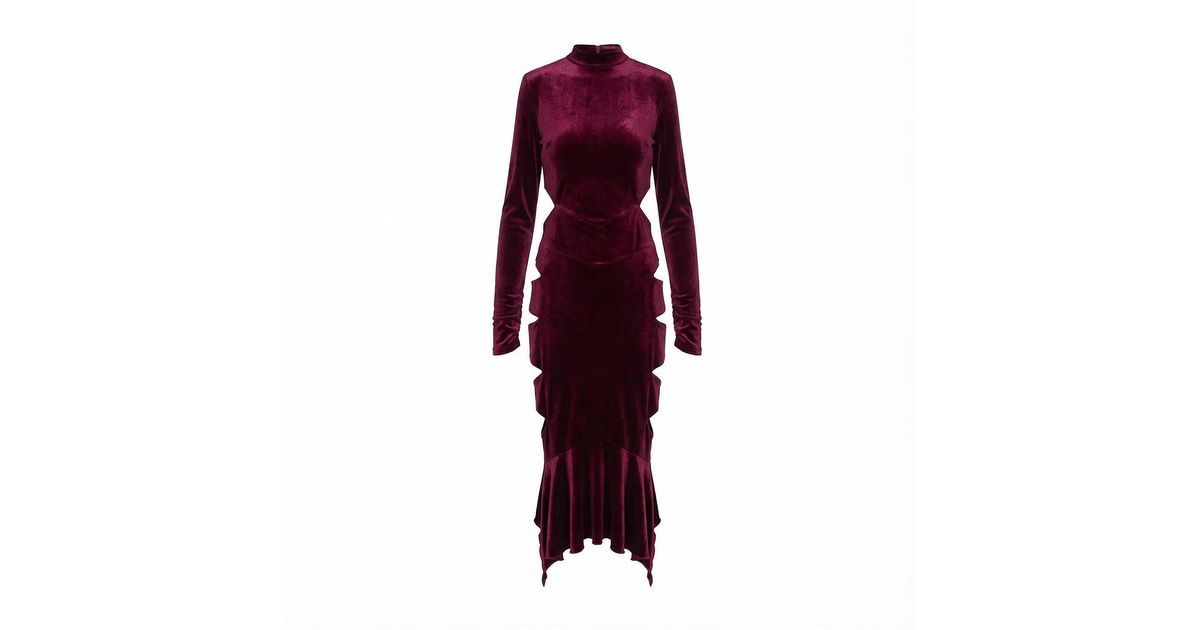 BLUZAT Burgundy Velvet Midi Dress With Cut-Outs And Asymmetric Ruffle ...