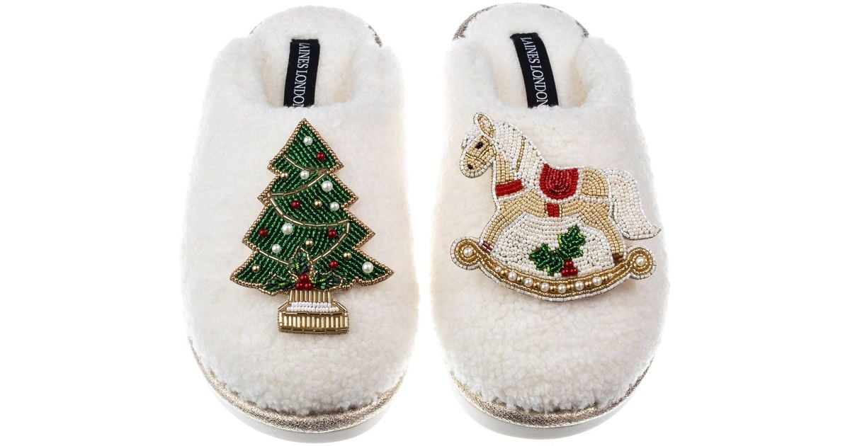 Laines London Neutrals Teddy Closed Toe Slippers With Christmas Tree ...