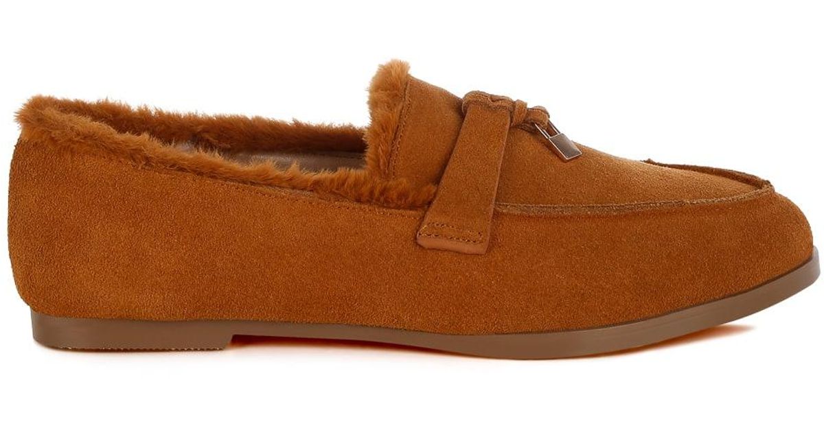 Rag & Co Ohrid Real Suede Leather & Faux Fur Flat Loafers in Brown | Lyst