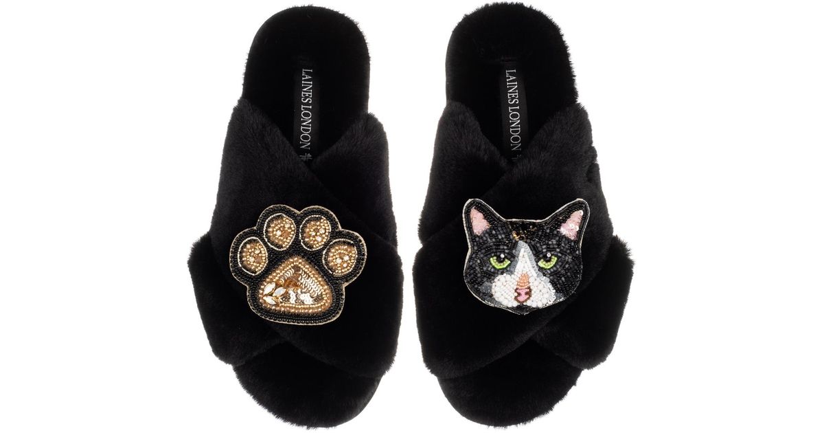Laines London Classic Laines Slippers With Oreo Cat & Paw Brooches in ...