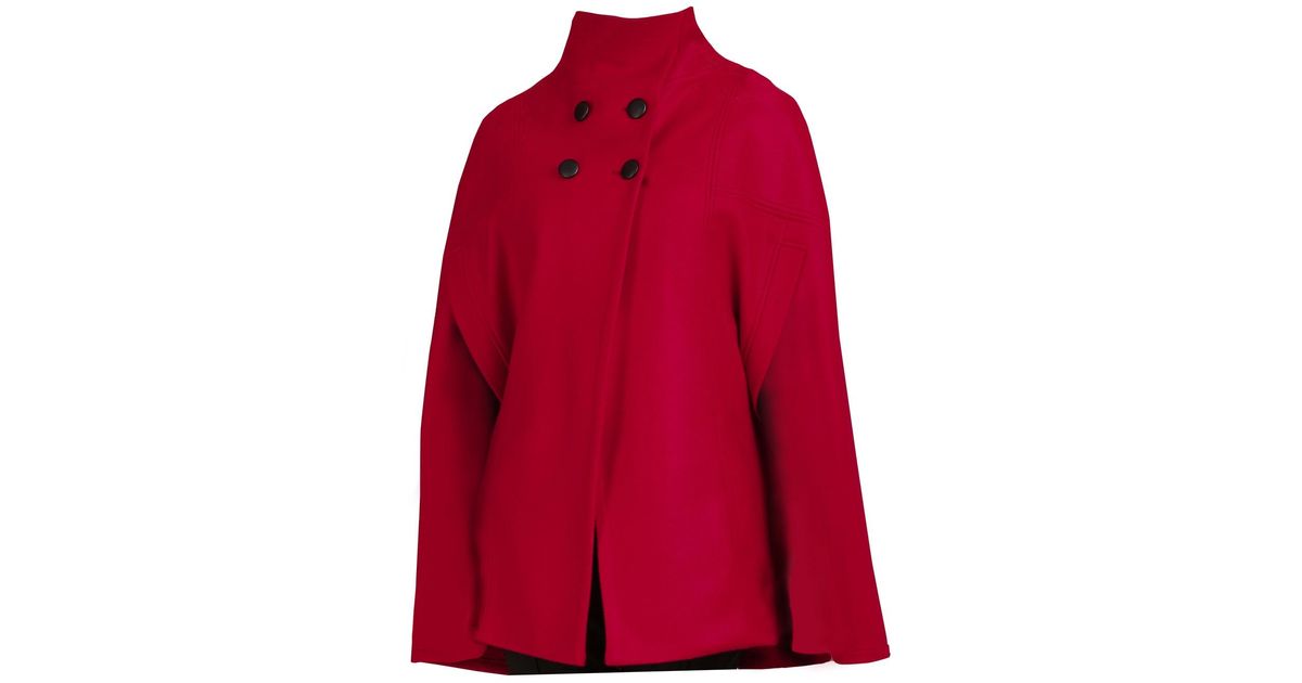 Nikka Place Wool Poncho Cloak Coat With Buttons & High Neck in Red | Lyst