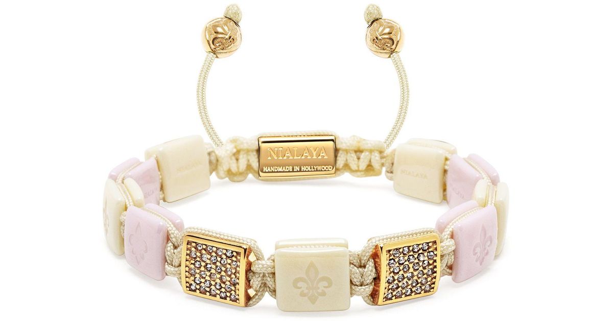 Nialaya Cream & Soft Ceramic Flatbead Bracelet With Cz in Metallic | Lyst