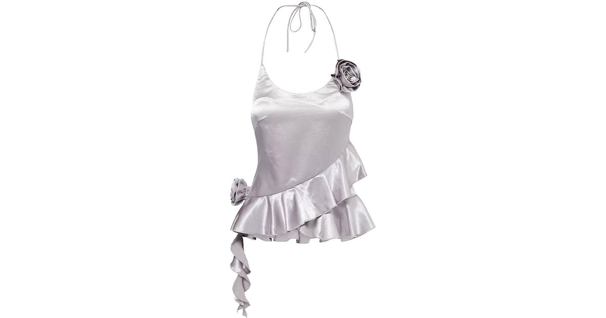 Amy Lynn Susie Satin Ruffle Flower Detail Top in Grey | Lyst UK