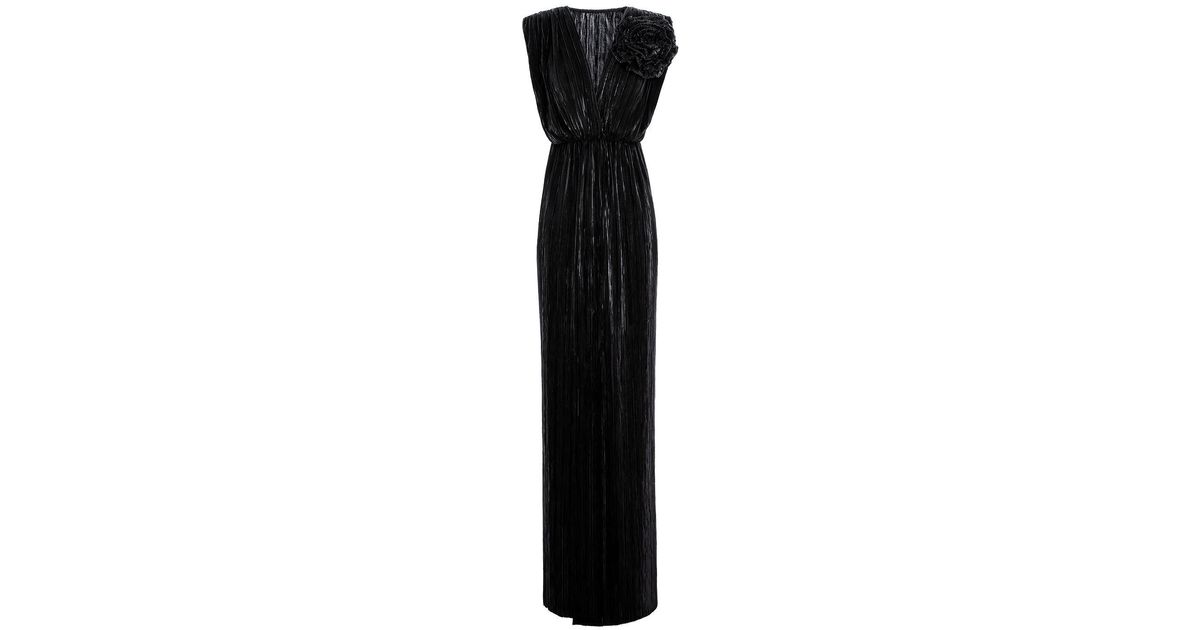 ROSERRY Sicily Maxi Pleated Lurex Satin Dress in Black | Lyst