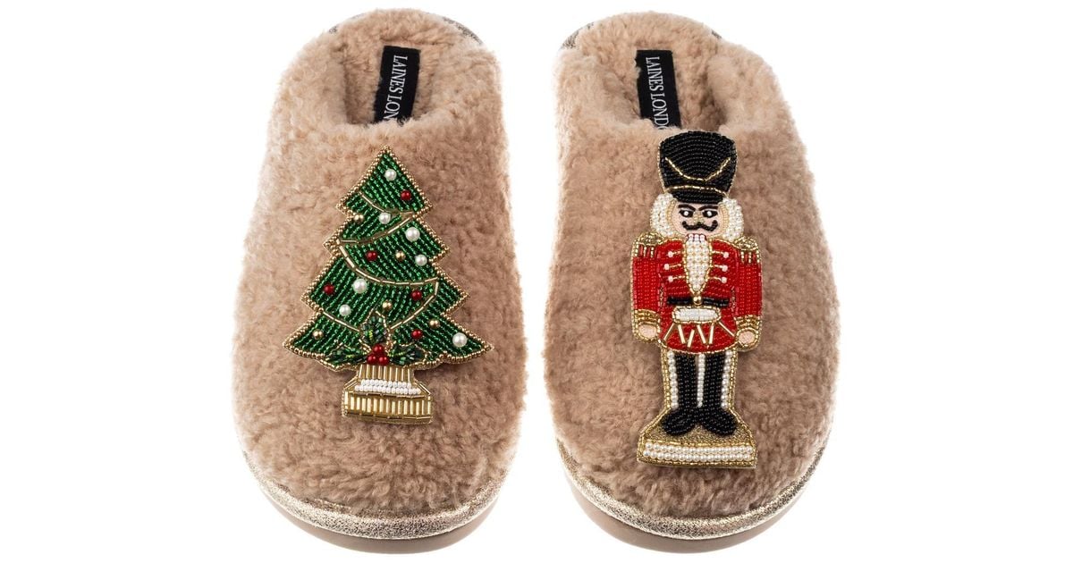 Laines London Neutrals Teddy Closed Toe Slippers With Christmas Tree ...