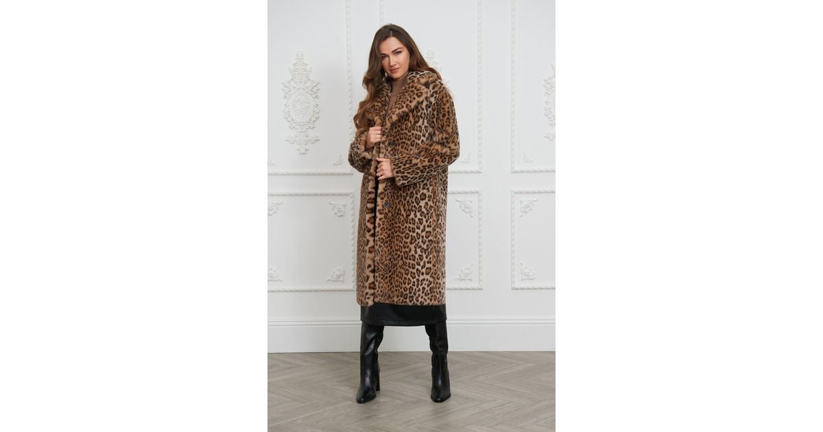 ISSY LONDON Neutrals / Loretta Longline Luxe Faux Fur Coat Leopard in Brown | Lyst