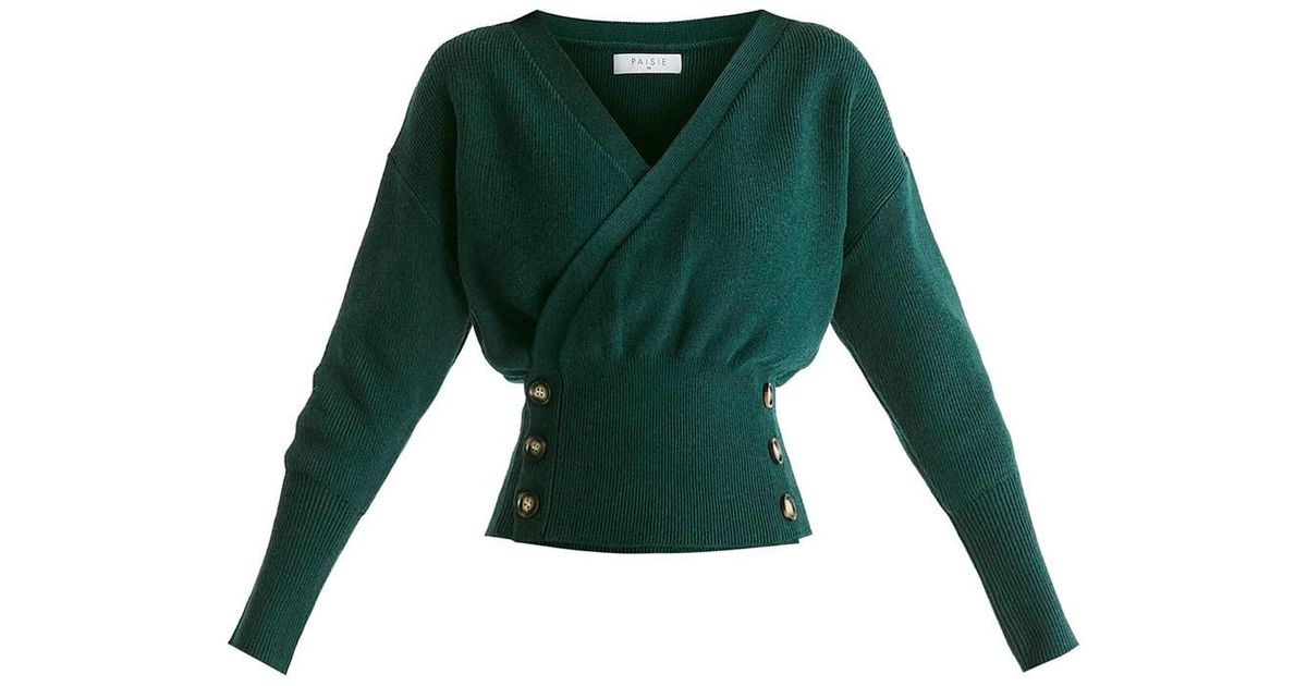 Paisie Knitted Wrap Top With Side Buttons in Green | Lyst UK