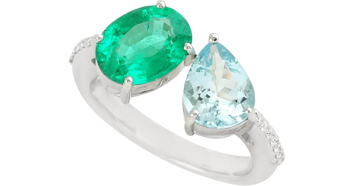Artisan Aquamarine & Emerald Pave Diamond Bypass Ring in Green | Lyst