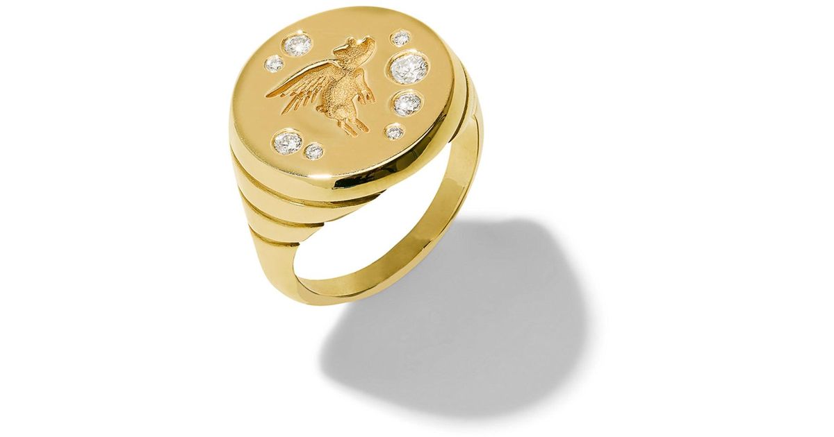 Retrouvai Diamond Flying Pig Fantasy Signet Ring in Metallic | Lyst