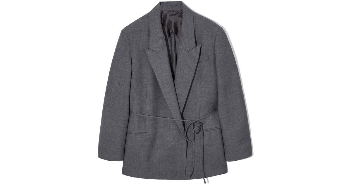 COS Relaxed Belted Double-breasted Wool Blazer in Gray | Lyst